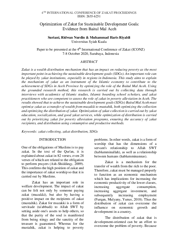 (PDF) Optimization Zakat for Sustainable Development Goals: Evidence from Baitul Mal Aceh