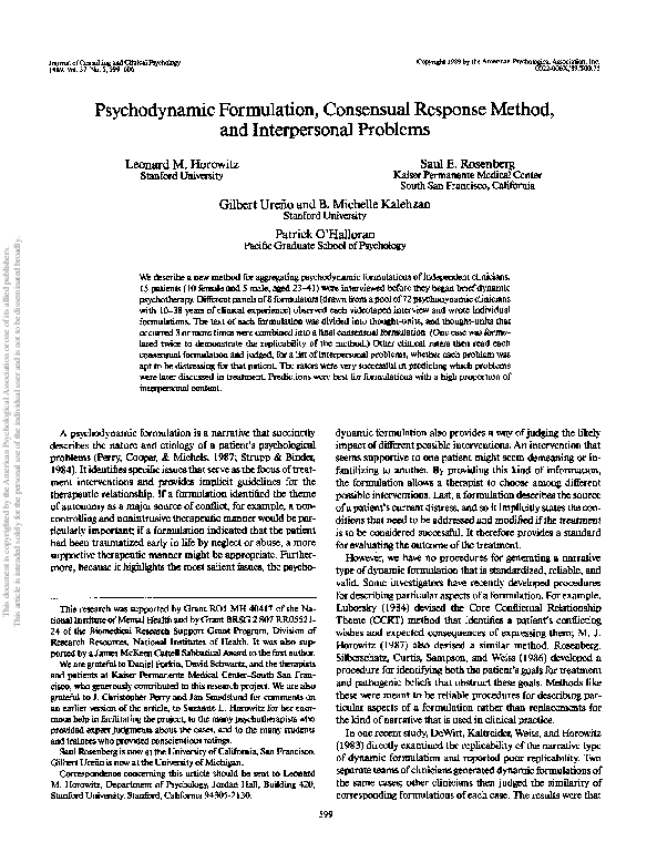 (PDF) Psychodynamic formulation, consensual response method, and ...