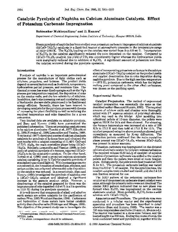 (PDF) Catalytic pyrolysis of naphtha on calcium aluminate catalysts. Effect of potassium ...