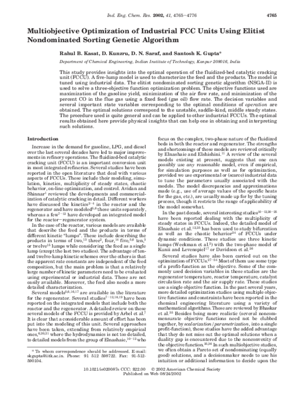 Pdf Multiobjective Optimization Of Industrial Fcc Units Using Elitist