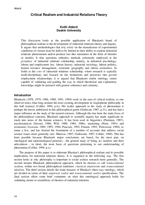 (PDF) Critical Realism and Industrial Relations Theory