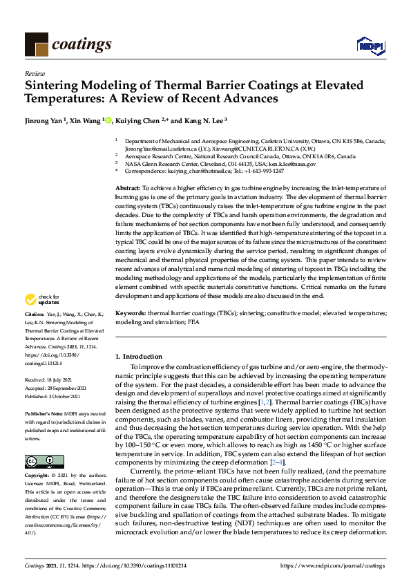 (PDF) Sintering Modeling of Thermal Barrier Coatings at Elevated Temperatures: A Review of ...