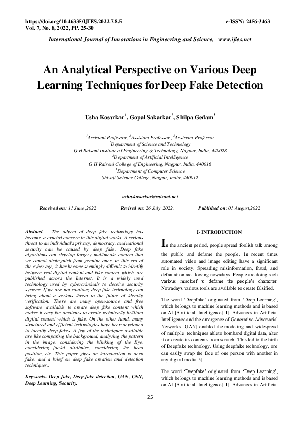 (PDF) An Analytical Perspective on Various Deep Learning Techniques forDeep Fake Detection