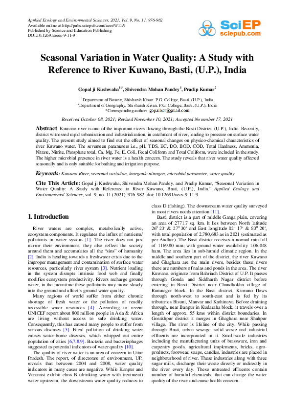 (PDF) Seasonal Variation in Water Quality: A Study with Reference to ...