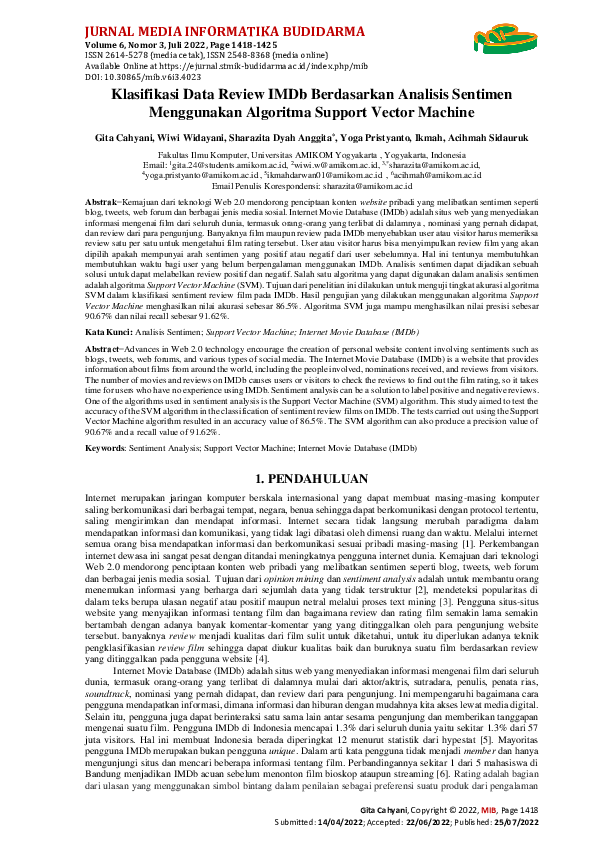 (PDF) Klasifikasi Data Review IMDb Berdasarkan Analisis Sentimen Menggunakan Algoritma Support ...