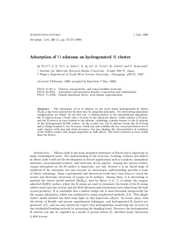 (PDF) Adsorption of O adatoms on hydrogenated Si cluster