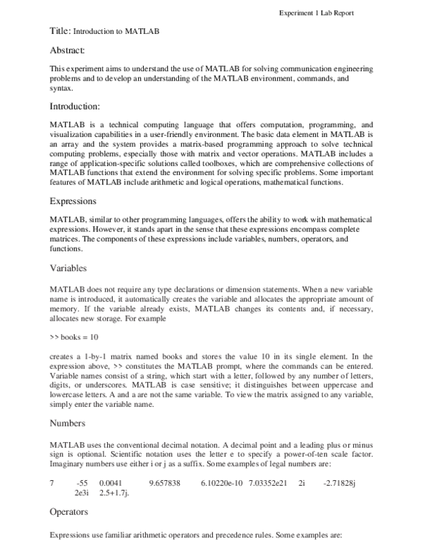 (PDF) Introduction to MATLAB
