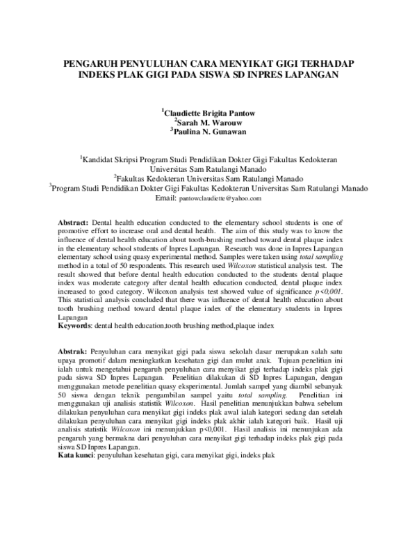 (PDF) Pengaruh Penyuluhan Cara Menyikat Gigi Terhadap Indeks Plak Gigi ...