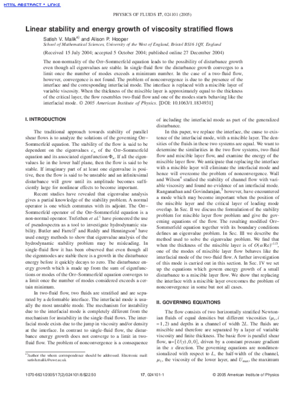 (PDF) Linear stability and energy growth of viscosity stratified flows