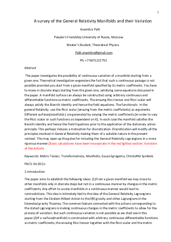 (PDF) A survey of the General Relativity Manifolds and their Variation ...