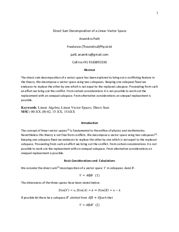 (PDF) Direct Sum Decomposition of a Linear Vector Space