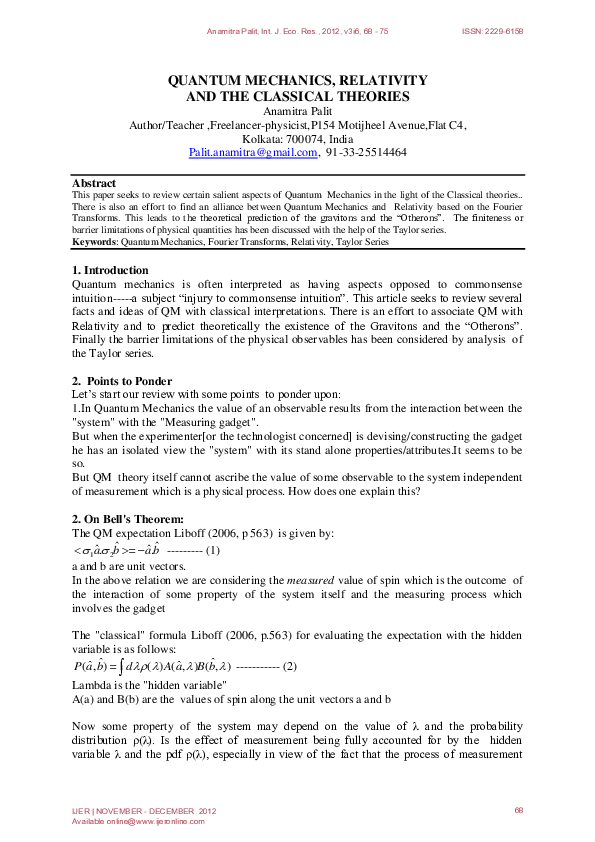 (PDF) Quantum Mechanics, Relativity and the Classical Theories