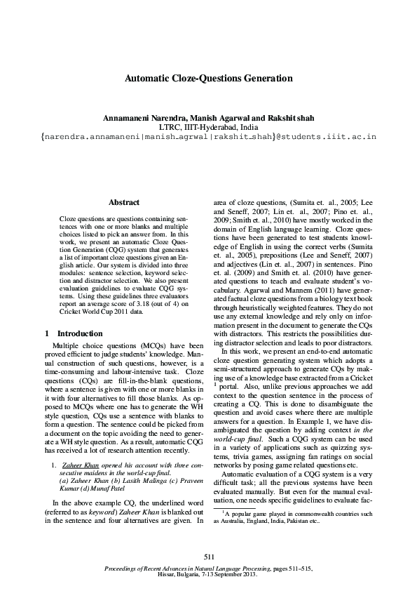 (PDF) Automatic Cloze-Questions Generation