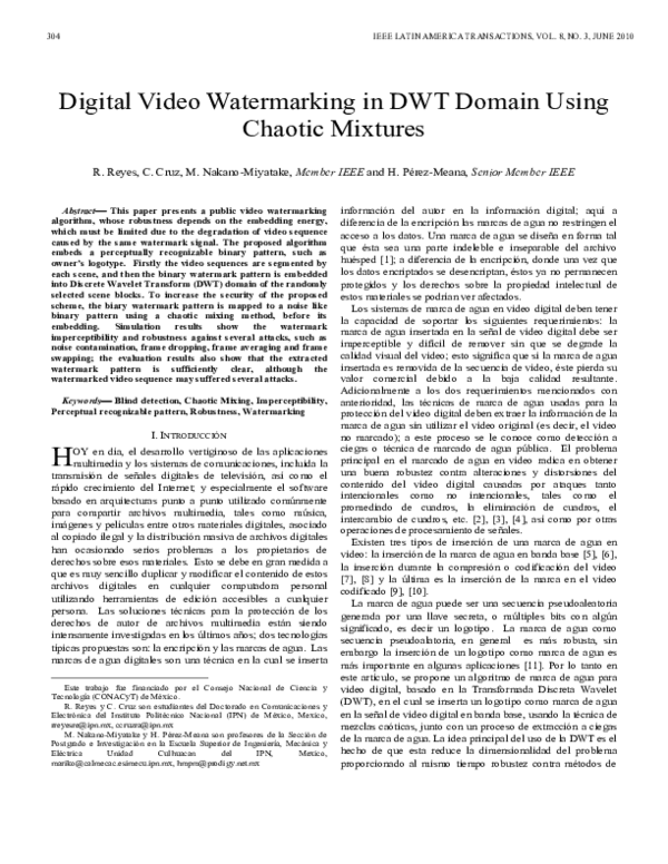 (PDF) Digital Video Watermarking in DWT Domain Using Chaotic Mixtures | Mariko Nakano - Academia.edu