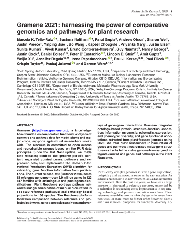 (PDF) Gramene 2021: harnessing the power of comparative genomics and pathways for plant research