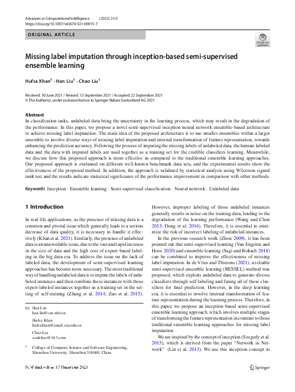 (PDF) Missing label imputation through inception-based semi-supervised ensemble learning