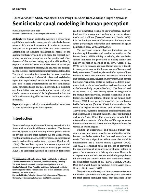 (PDF) Semicircular canal modeling in human perception
