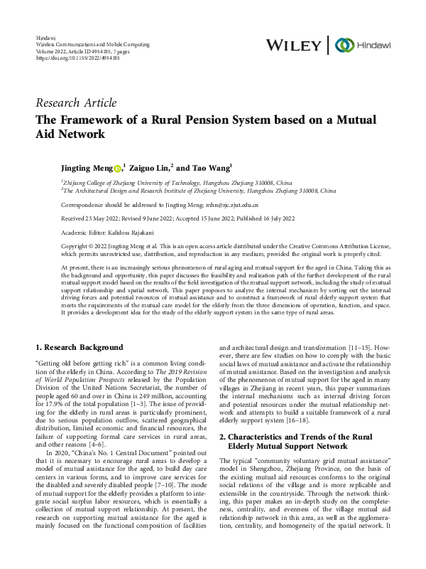 (PDF) The Framework of a Rural Pension System based on a Mutual Aid Network