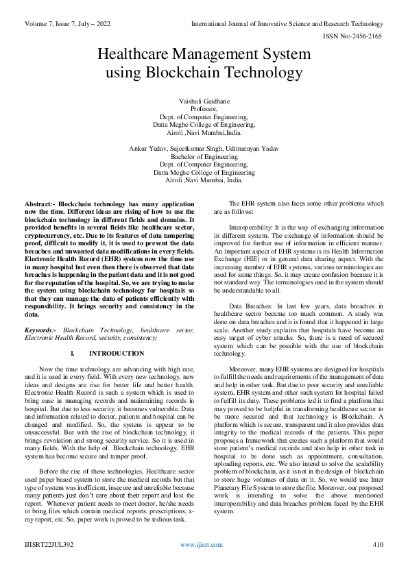 Pdf Healthcare Management System Using Blockchain Technology