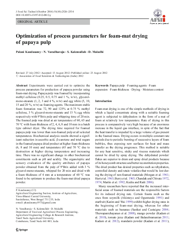 (PDF) Optimization of process parameters for foam-mat drying of papaya pulp