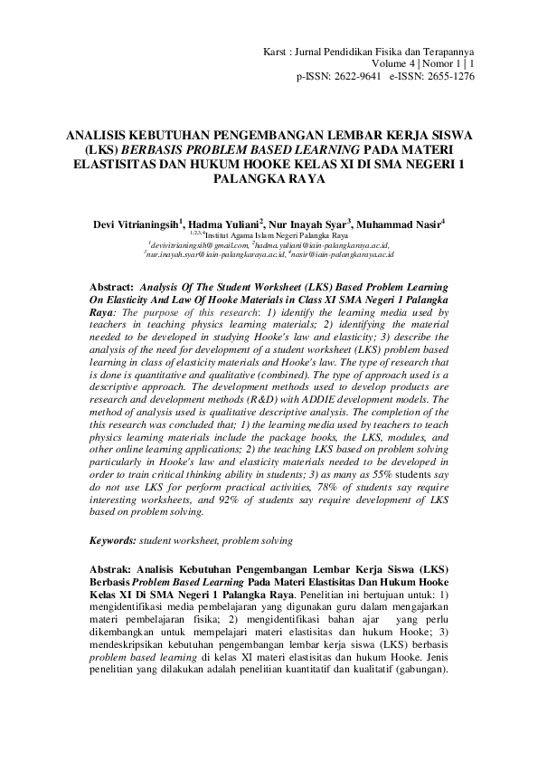 (PDF) Analisis Kebutuhan Pengembangan Lembar Kerja Siswa (LKS) Berbasis Problem Based Learning ...