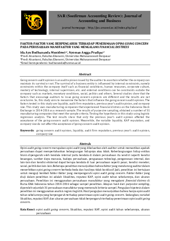 (PDF) Faktor-Faktor Yang Berpengaruh Terhadap Penerimaan Opini Going Concern Pada Perusahaan ...