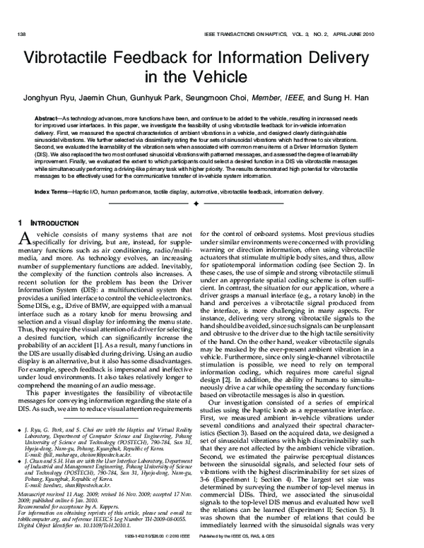 Pdf Vibrotactile Feedback For Information Delivery In The Vehicle
