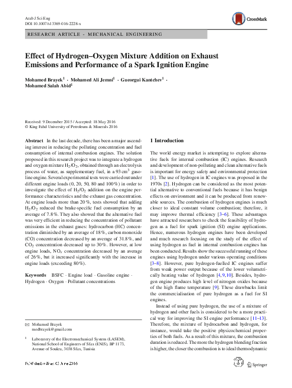 (PDF) Effect of Hydrogen–Oxygen Mixture Addition on Exhaust Emissions and Performance of a Spark ...