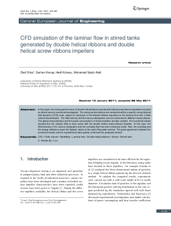 (PDF) CFD simulation of the laminar flow in stirred tanks generated by ...
