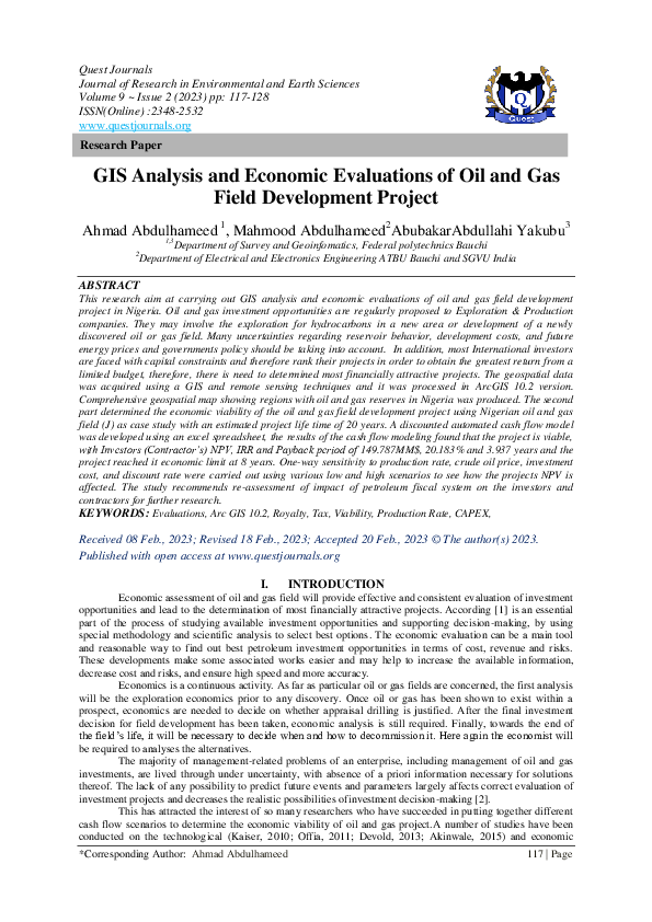 (PDF) GIS Analysis and Economic Evaluations of Oil and Gas Field Development Project