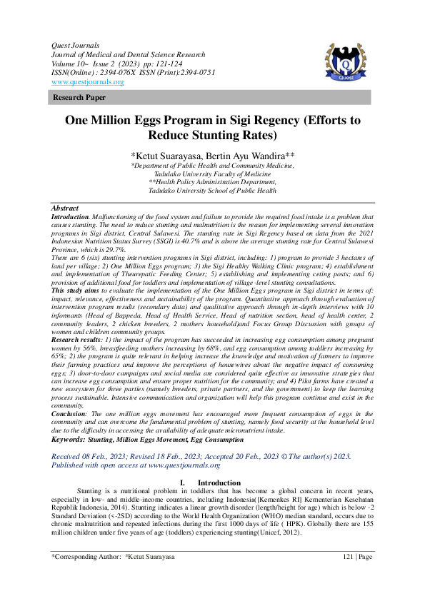 (PDF) One Million Eggs Program in Sigi Regency (Efforts to Reduce ...