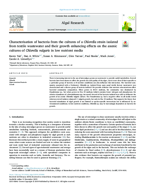 (PDF) Characterisation of bacteria from the cultures of a Chlorella ...