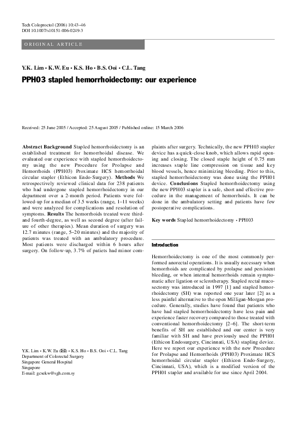 (PDF) PPH03 stapled hemorrhoidopexy: our experience