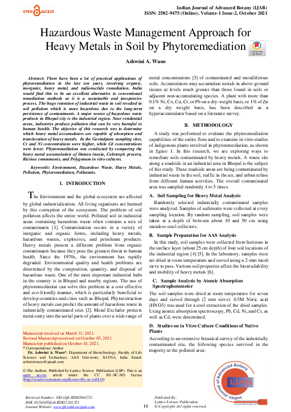 (PDF) Hazardous Waste Management Approach for Heavy Metals in Soil by ...