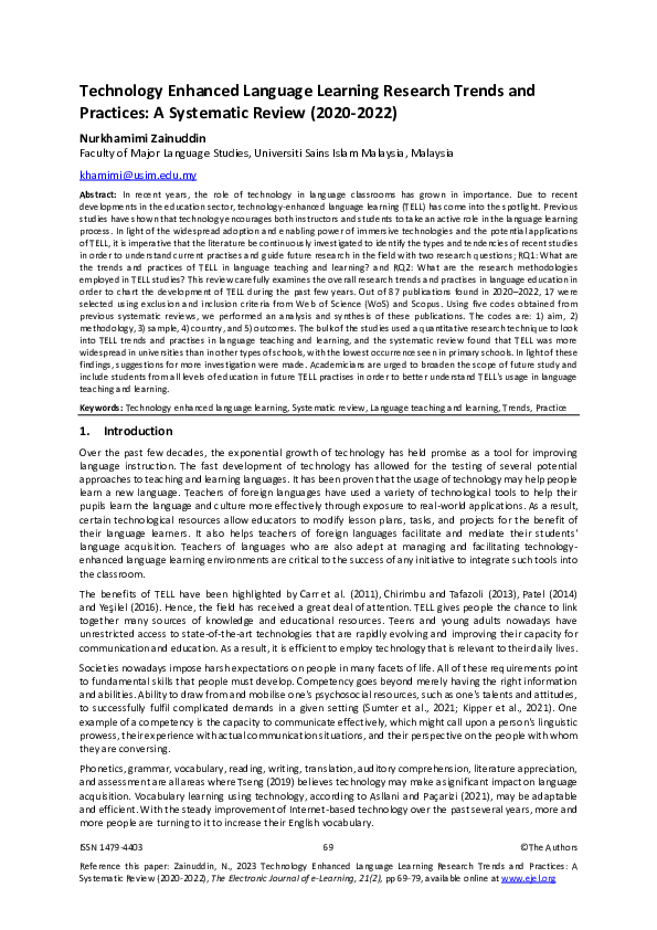 (PDF) Technology Enhanced Language Learning Research Trends and Practices: A Systematic Review ...