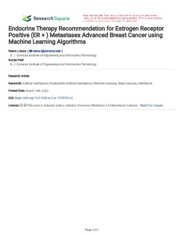 (PDF) Endocrine Therapy Recommendation for Estrogen Receptor Positive (ER + ) Metastases ...
