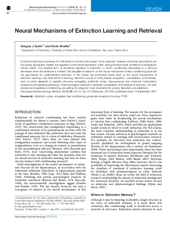 (PDF) Neural Mechanisms of Extinction Learning and Retrieval