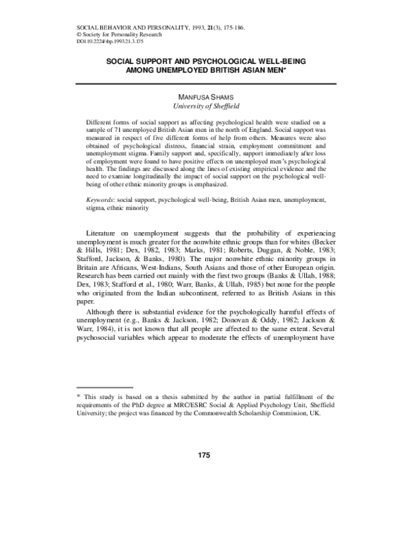(PDF) Social Support and Psychological Well-Being Among Unemployed ...