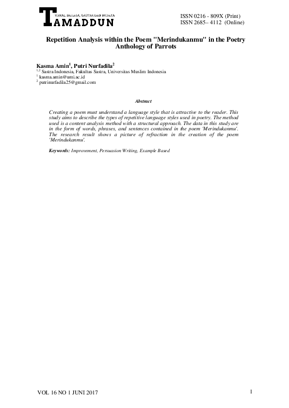 (PDF) Repetition Analysis within the poem"Merindukanmu" in the Poetry ...