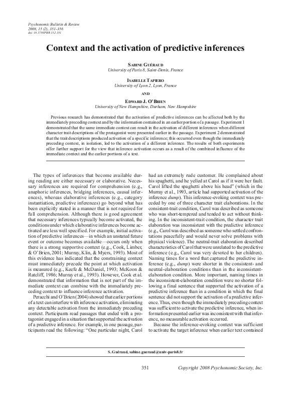 (PDF) Context and the activation of predictive inferences
