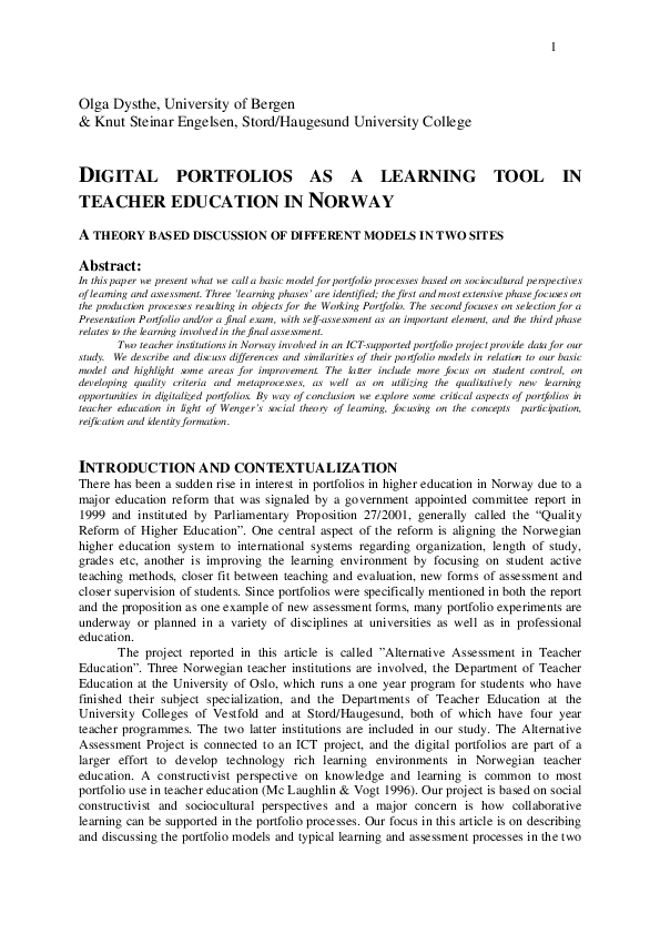 (PDF) Portfolios and assessment in teacher education in Norway: a theory‐based discussion of ...