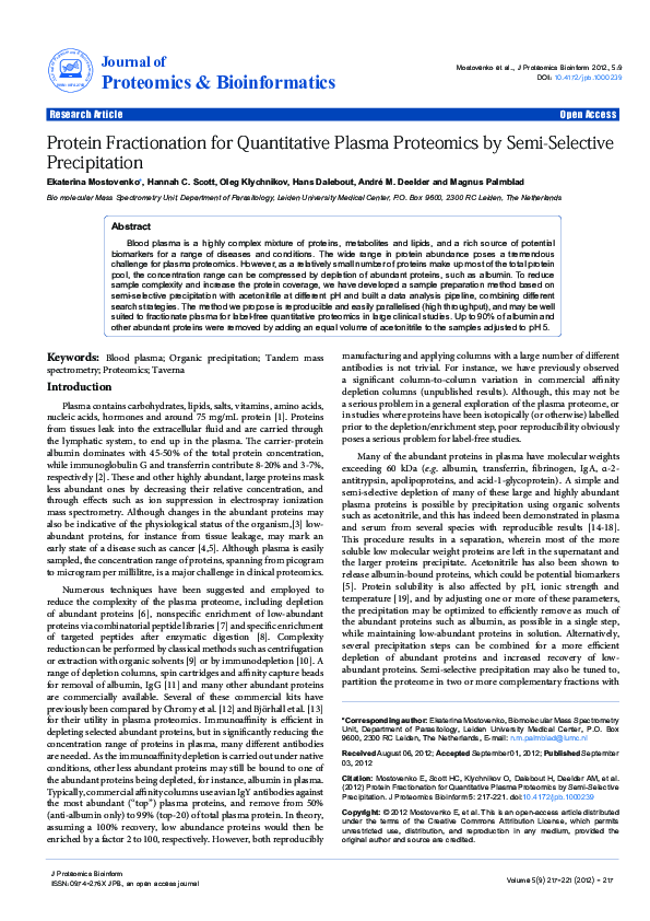 (PDF) Protein Fractionation for Quantitative Plasma Proteomics by Semi-Selective Precipitation