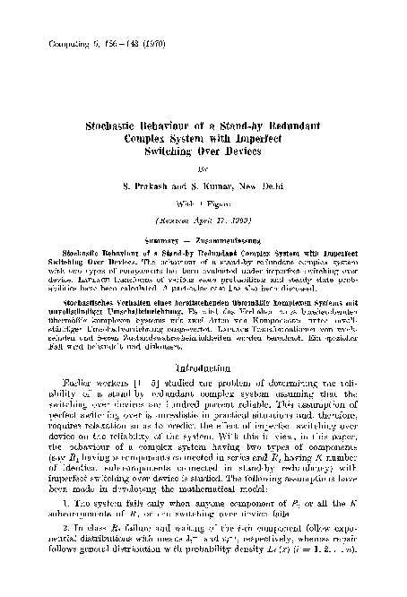Pdf Stochastic Behaviour Of A Stand By Redundant Complex System With Imperfect Switching Over
