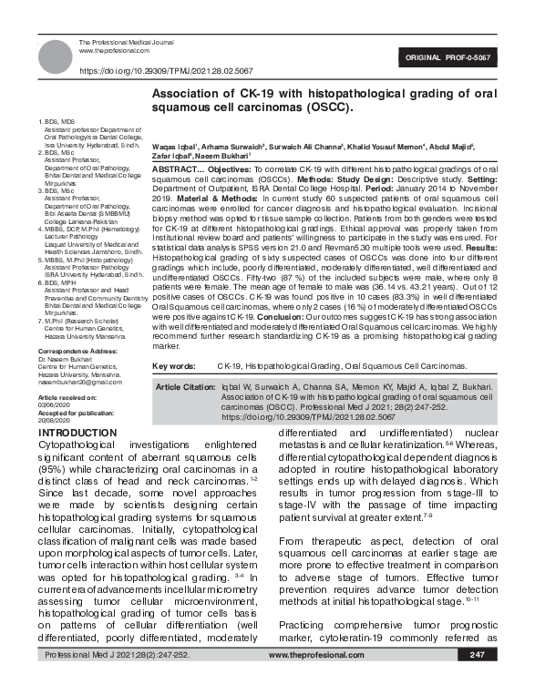 (PDF) Association of CK-19 with histopathological grading of oral ...