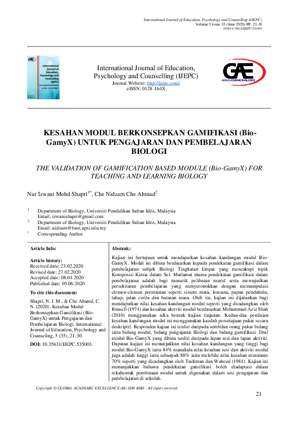 (PDF) THE VALIDATION OF GAMIFICATION BASED MODULE (Bio-GamyX) FOR TEACHING AND LEARNING BIOLOGY