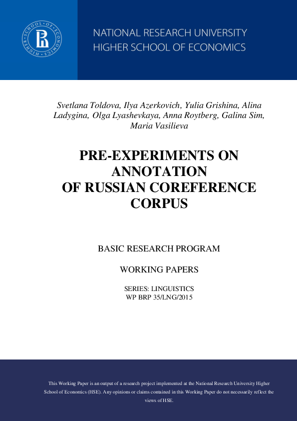 (PDF) Pre-Experiments on Annotation of Russian Coreference Corpus