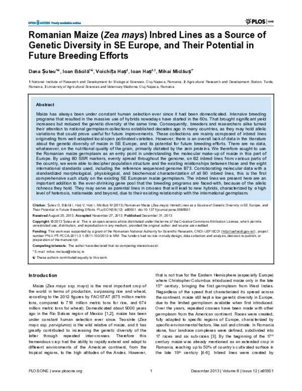 (PDF) Diversity of Romanian Maize Inbred Lines