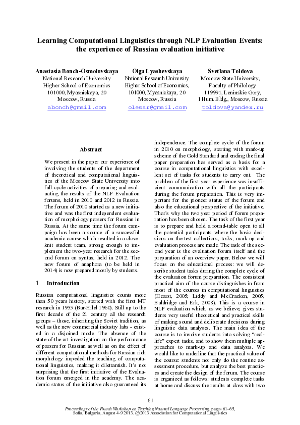Pdf Learning Computational Linguistics Through Nlp Evaluation Events The Experience Of