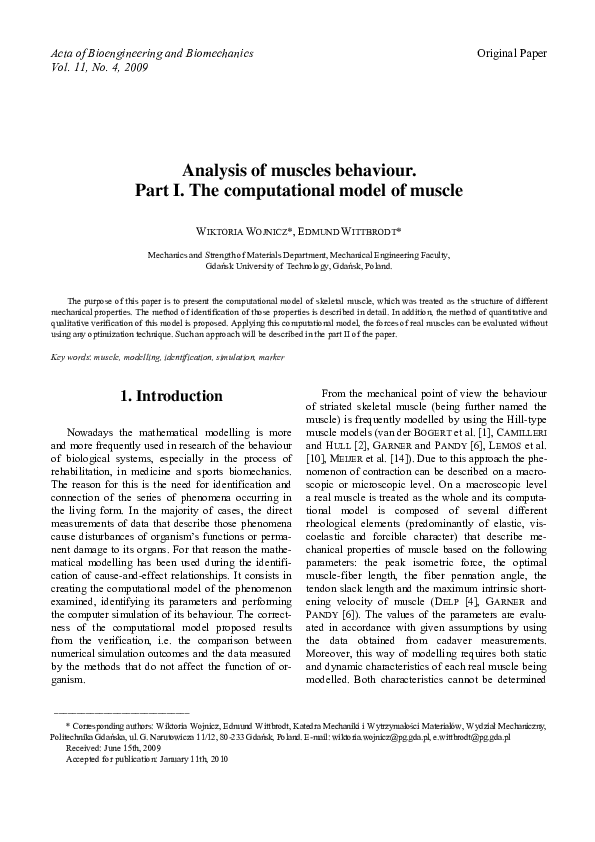 (PDF) Analysis of muscles behaviour. Part I. The computational model of ...