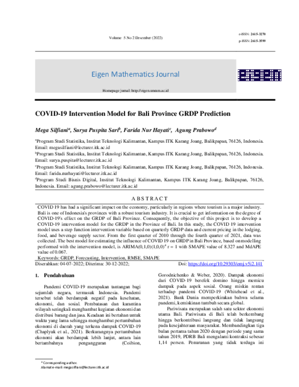 (PDF) Analisis Dampak COVID 19 terhadap PDRB Provinsi Bali dengan Model Intervensi